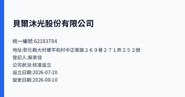 貝爾沐光股份有限公司的照片-統編 62183784(彰化縣) 公司登記資料與營業項目詳細圖表