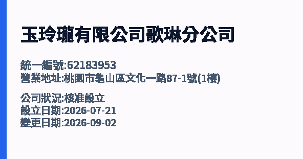 玉玲瓏有限公司歌琳分公司的照片-統編 62183953(桃園市) 公司登記資料與營業項目詳細圖表