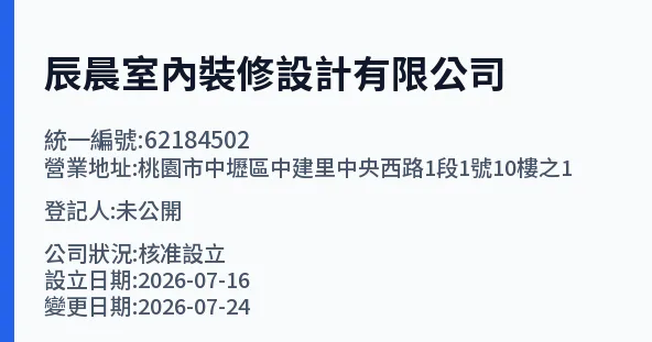 辰晨室內裝修設計有限公司的照片-統編 62184502(桃園市) 公司登記資料與營業項目詳細圖表