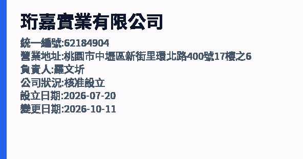 珩嘉實業有限公司的照片-統編 62184904(桃園市) 公司登記資料與營業項目詳細圖表