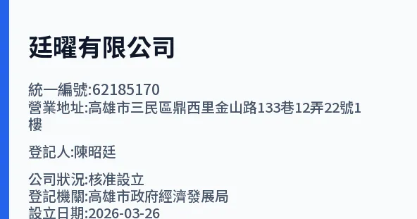 廷曜有限公司的照片-統編 62185170(高雄市) 公司登記資料與營業項目詳細圖表