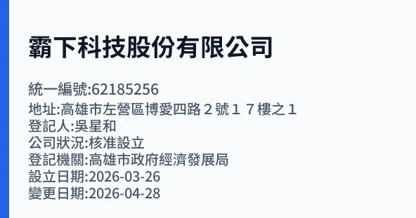 霸下科技股份有限公司的照片-統編 62185256(高雄市) 公司登記資料與營業項目詳細圖表