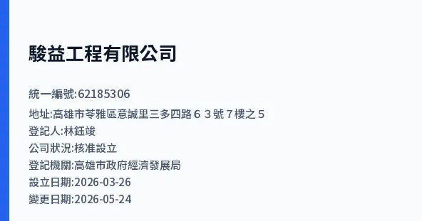 駿益工程有限公司的照片-統編 62185306(高雄市) 公司登記資料與營業項目詳細圖表