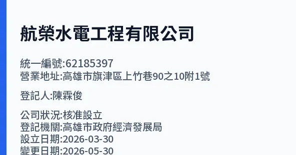 航榮水電工程有限公司的照片-統編 62185397(高雄市) 公司登記資料與營業項目詳細圖表