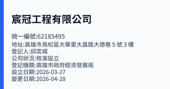 宸冠工程有限公司的照片-統編 62185495(高雄市) 公司登記資料與營業項目詳細圖表