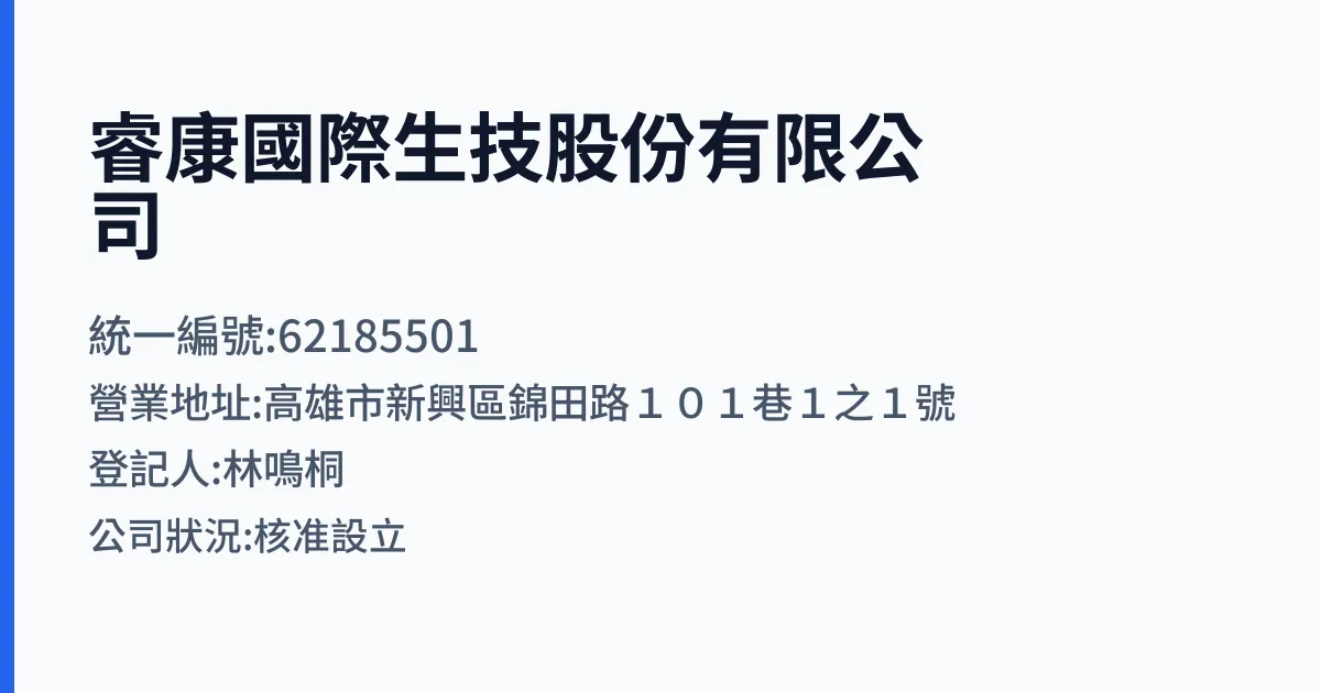 睿康國際生技股份有限公司 - 統編 62185501(高雄市) 公司登記資料與營業項目詳細圖表
