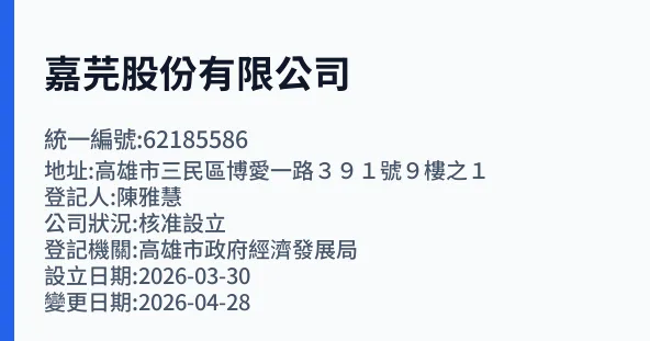 嘉芫股份有限公司的照片-統編 62185586(高雄市) 公司登記資料與營業項目詳細圖表