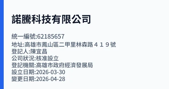 諾騰科技有限公司的照片-統編 62185657(高雄市) 公司登記資料與營業項目詳細圖表
