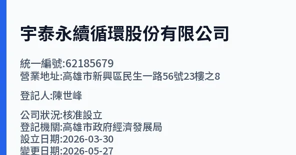 宇泰永續循環股份有限公司的照片-統編 62185679(高雄市) 公司登記資料與營業項目詳細圖表