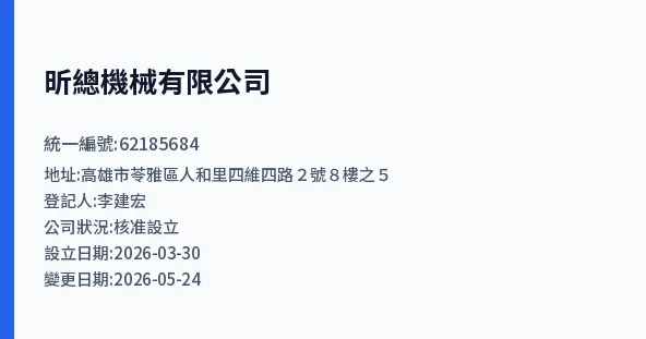 昕總機械有限公司的照片-統編 62185684(高雄市) 公司登記資料與營業項目詳細圖表