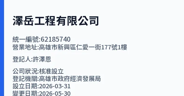 澤岳工程有限公司的照片-統編 62185740(高雄市) 公司登記資料與營業項目詳細圖表