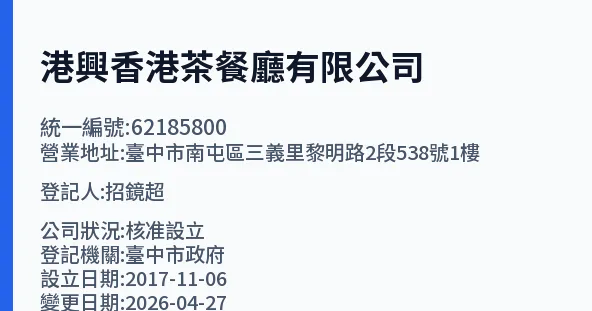 港興香港茶餐廳有限公司的照片-統編 62185800(臺中市) 公司登記資料與營業項目詳細圖表