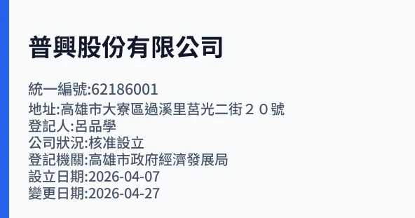 普興股份有限公司的照片-統編 62186001(高雄市) 公司登記資料與營業項目詳細圖表