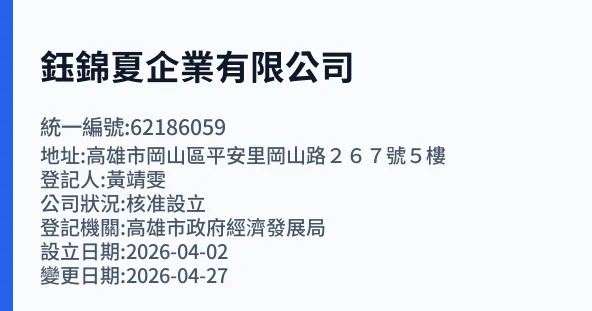 鈺錦夏企業有限公司的照片-統編 62186059(高雄市) 公司登記資料與營業項目詳細圖表