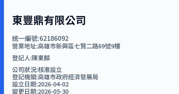 東豐鼎有限公司的照片-統編 62186092(高雄市) 公司登記資料與營業項目詳細圖表