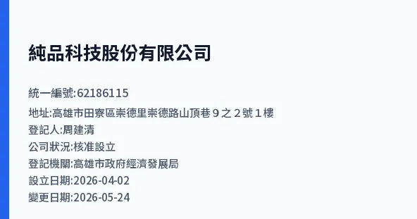 純品科技股份有限公司的照片-統編 62186115(高雄市) 公司登記資料與營業項目詳細圖表