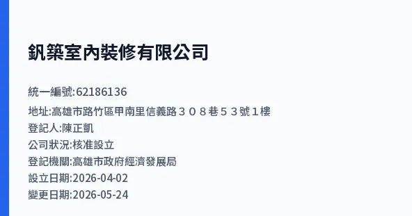 釩築室內裝修有限公司的照片-統編 62186136(高雄市) 公司登記資料與營業項目詳細圖表