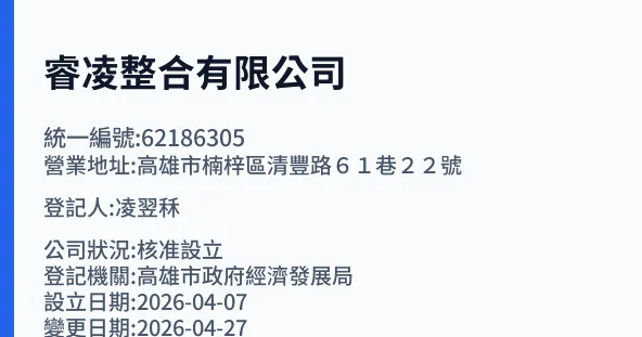 睿凌整合有限公司的照片-統編 62186305(高雄市) 公司登記資料與營業項目詳細圖表