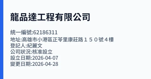 龍品達工程有限公司的照片-統編 62186311(高雄市) 公司登記資料與營業項目詳細圖表