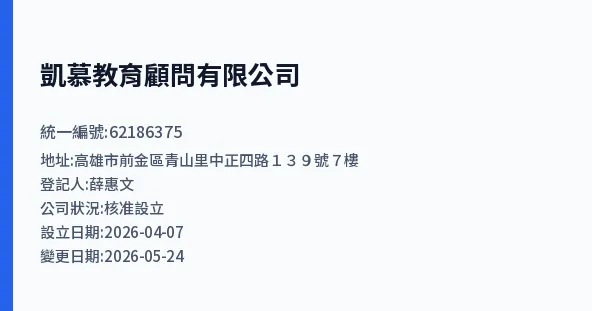凱慕教育顧問有限公司的照片-統編 62186375(高雄市) 公司登記資料與營業項目詳細圖表