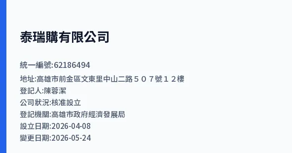 泰瑞購有限公司的照片-統編 62186494(高雄市) 公司登記資料與營業項目詳細圖表