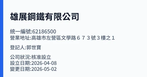 雄展鋼鐵有限公司的照片-統編 62186500(高雄市) 公司登記資料與營業項目詳細圖表