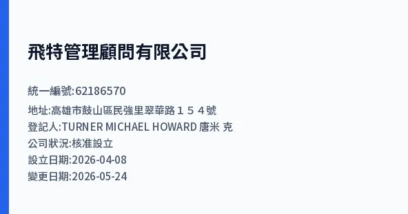 飛特管理顧問有限公司的照片-統編 62186570(高雄市) 公司登記資料與營業項目詳細圖表