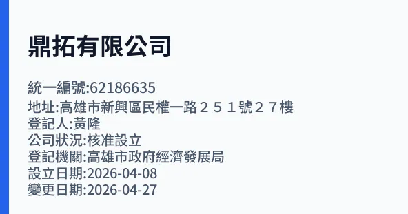 鼎拓有限公司的照片-統編 62186635(高雄市) 公司登記資料與營業項目詳細圖表