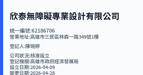 欣泰無障礙專業設計有限公司的照片-統編 62186706(高雄市) 公司登記資料與營業項目詳細圖表