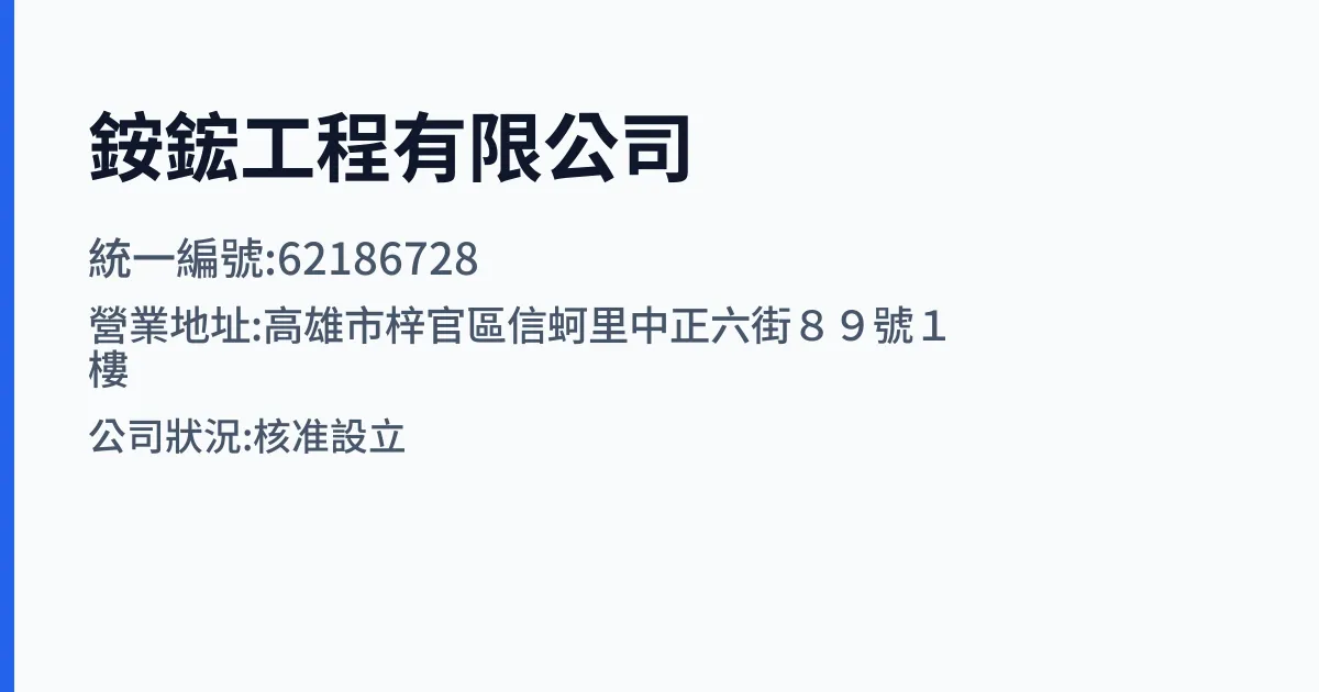 銨鋐工程有限公司 - 統編 62186728(高雄市) 公司登記資料與營業項目詳細圖表