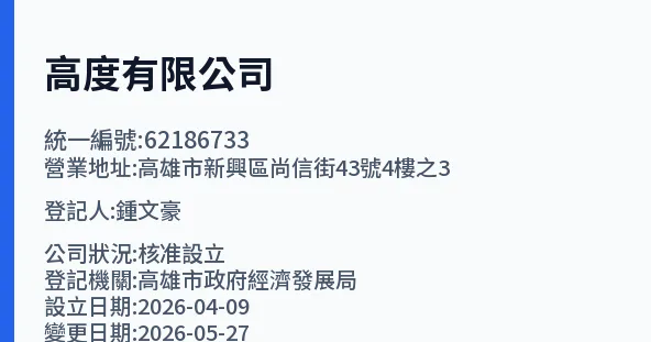 高度有限公司的照片-統編 62186733(高雄市) 公司登記資料與營業項目詳細圖表