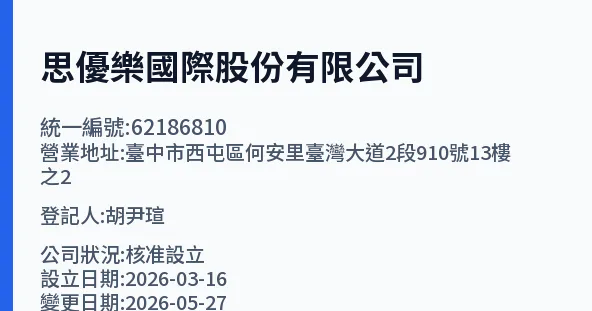 思優樂國際股份有限公司的照片-統編 62186810(臺中市) 公司登記資料與營業項目詳細圖表