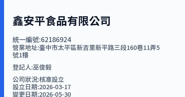 鑫安平食品有限公司的照片-統編 62186924(臺中市) 公司登記資料與營業項目詳細圖表