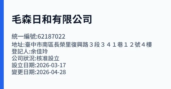 毛森日和有限公司的照片-統編 62187022(臺中市) 公司登記資料與營業項目詳細圖表