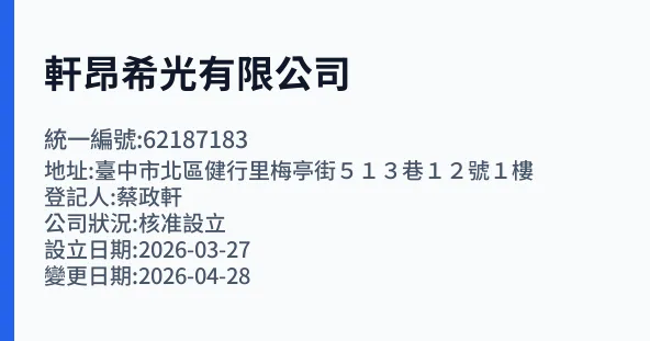 軒昂希光有限公司的照片-統編 62187183(臺中市) 公司登記資料與營業項目詳細圖表