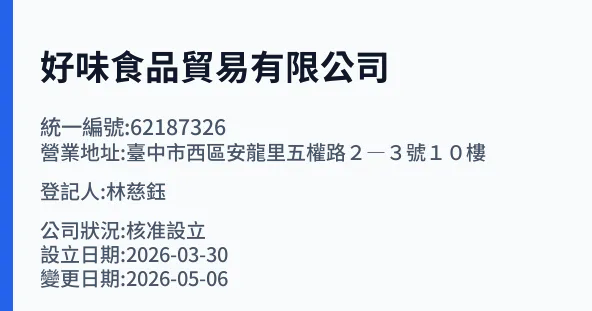好味食品貿易有限公司的照片-統編 62187326(臺中市) 公司登記資料與營業項目詳細圖表
