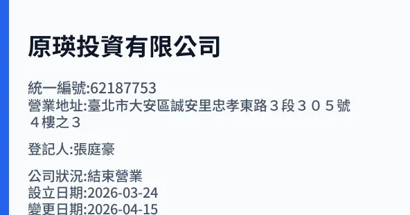 原瑛投資有限公司的照片-統編 62187753(臺北市) 公司登記資料與營業項目詳細圖表