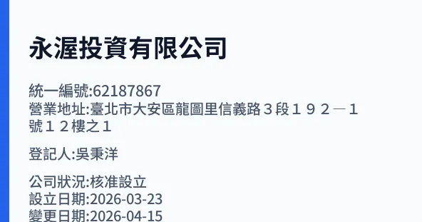 永渥投資有限公司的照片-統編 62187867(臺北市) 公司登記資料與營業項目詳細圖表