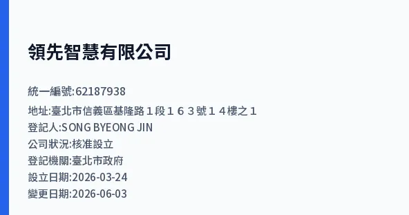領先智慧有限公司的照片-統編 62187938(臺北市) 公司登記資料與營業項目詳細圖表