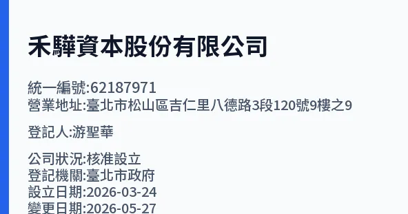 禾驊資本股份有限公司的照片-統編 62187971(臺北市) 公司登記資料與營業項目詳細圖表