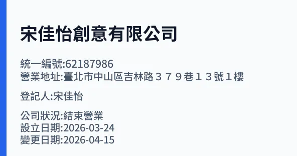 宋佳怡創意有限公司的照片-統編 62187986(臺北市) 公司登記資料與營業項目詳細圖表