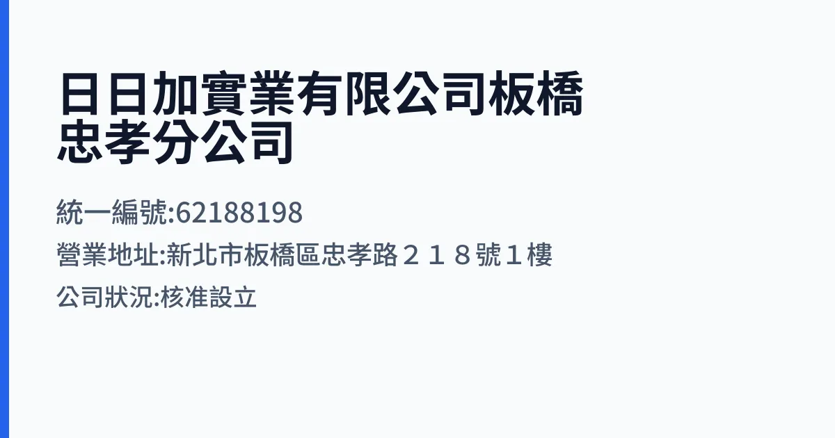 日日加實業有限公司板橋忠孝分公司 - 統編 62188198(新北市) 公司登記資料與營業項目詳細圖表