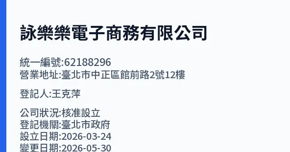詠樂樂電子商務有限公司的照片-統編 62188296(臺北市) 公司登記資料與營業項目詳細圖表