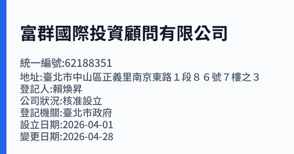 富群國際投資顧問有限公司的照片-統編 62188351(臺北市) 公司登記資料與營業項目詳細圖表
