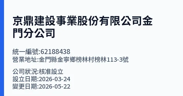 京鼎建設事業股份有限公司金門分公司的照片-統編 62188438(金門縣) 公司登記資料與營業項目詳細圖表