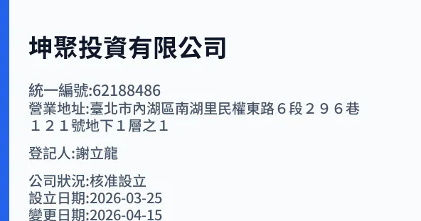 坤聚投資有限公司的照片-統編 62188486(臺北市) 公司登記資料與營業項目詳細圖表