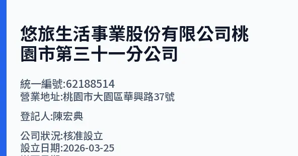 悠旅生活事業股份有限公司桃園市第三十一分公司的照片-統編 62188514(桃園市) 公司登記資料與營業項目詳細圖表