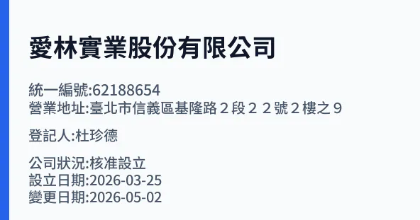 愛林實業股份有限公司的照片-統編 62188654(臺北市) 公司登記資料與營業項目詳細圖表