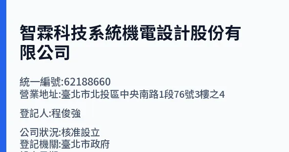 智霖科技系統機電設計股份有限公司的照片-統編 62188660(臺北市) 公司登記資料與營業項目詳細圖表