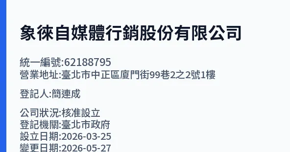 象徠自媒體行銷股份有限公司的照片-統編 62188795(臺北市) 公司登記資料與營業項目詳細圖表
